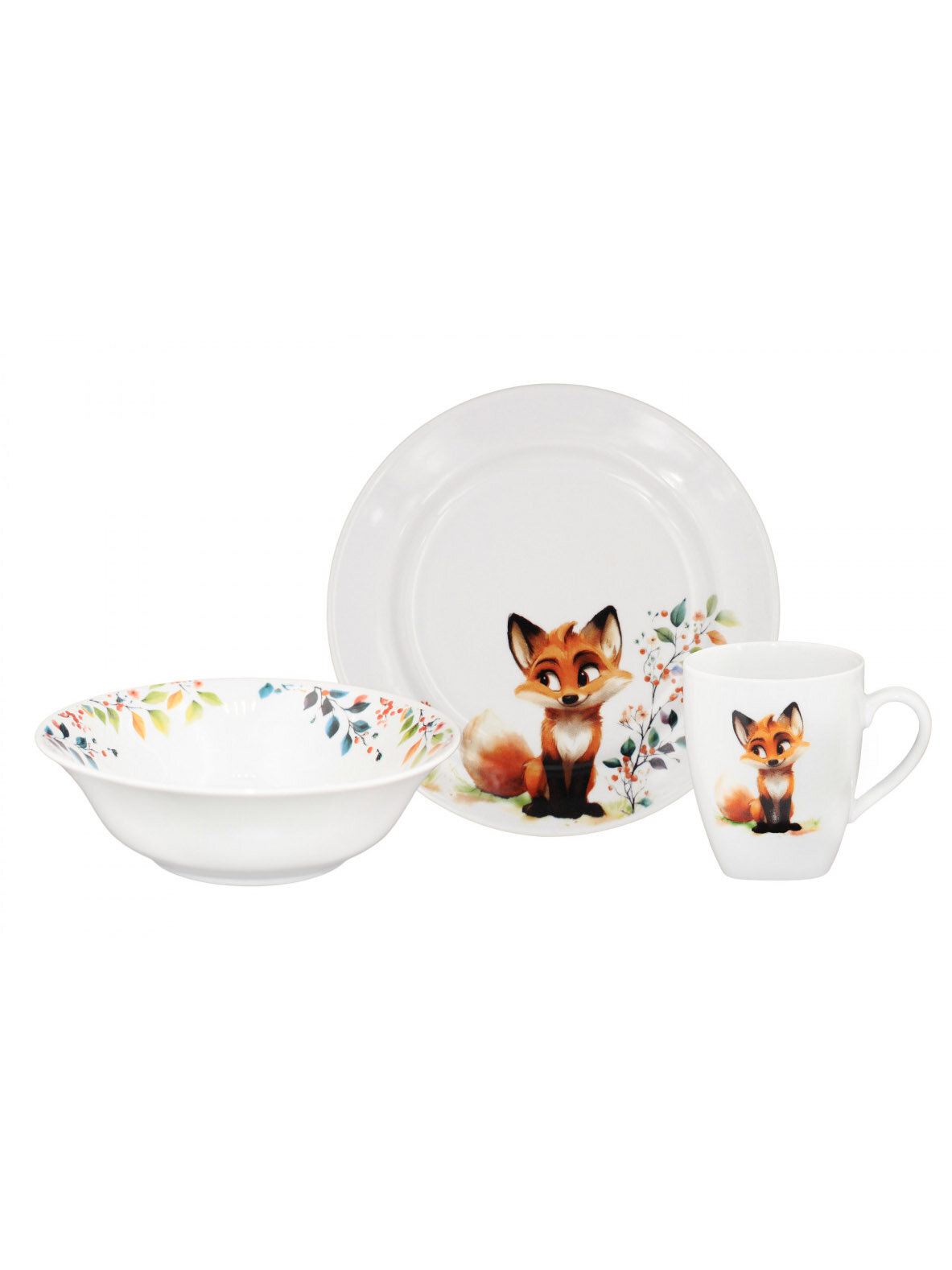 Набор детской фарфоровой посуды из 3-x предметов "Лисичка" Дулево (салатник, тарелка, кружка Глория)