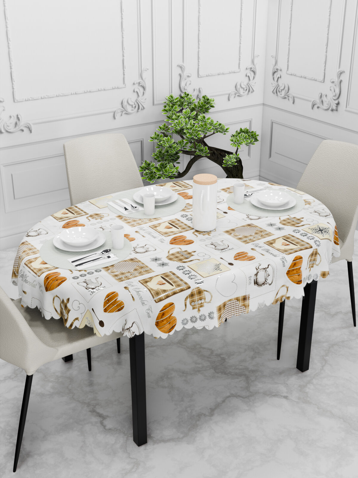 Скатерть клеенка на стол на кухню 180х140 см водоотталкивающая на тканевой основе Кафе