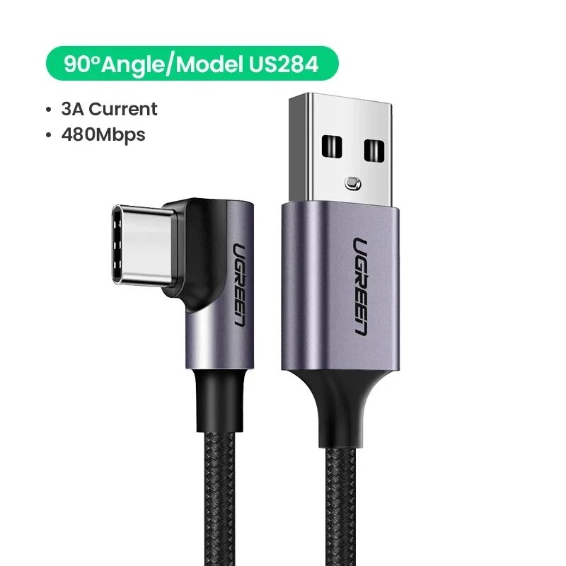 UGREEN 3A USB-кабель типа C, нейлоновая оплетка, 25 см, 50 см, 1 м, 1,5 0,25 млн, 90 degrees Balck