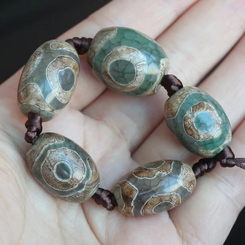 5 шт, зеленые древние тибетские агаты, бусины барабанной формы, Laerf beads Green 3EYES