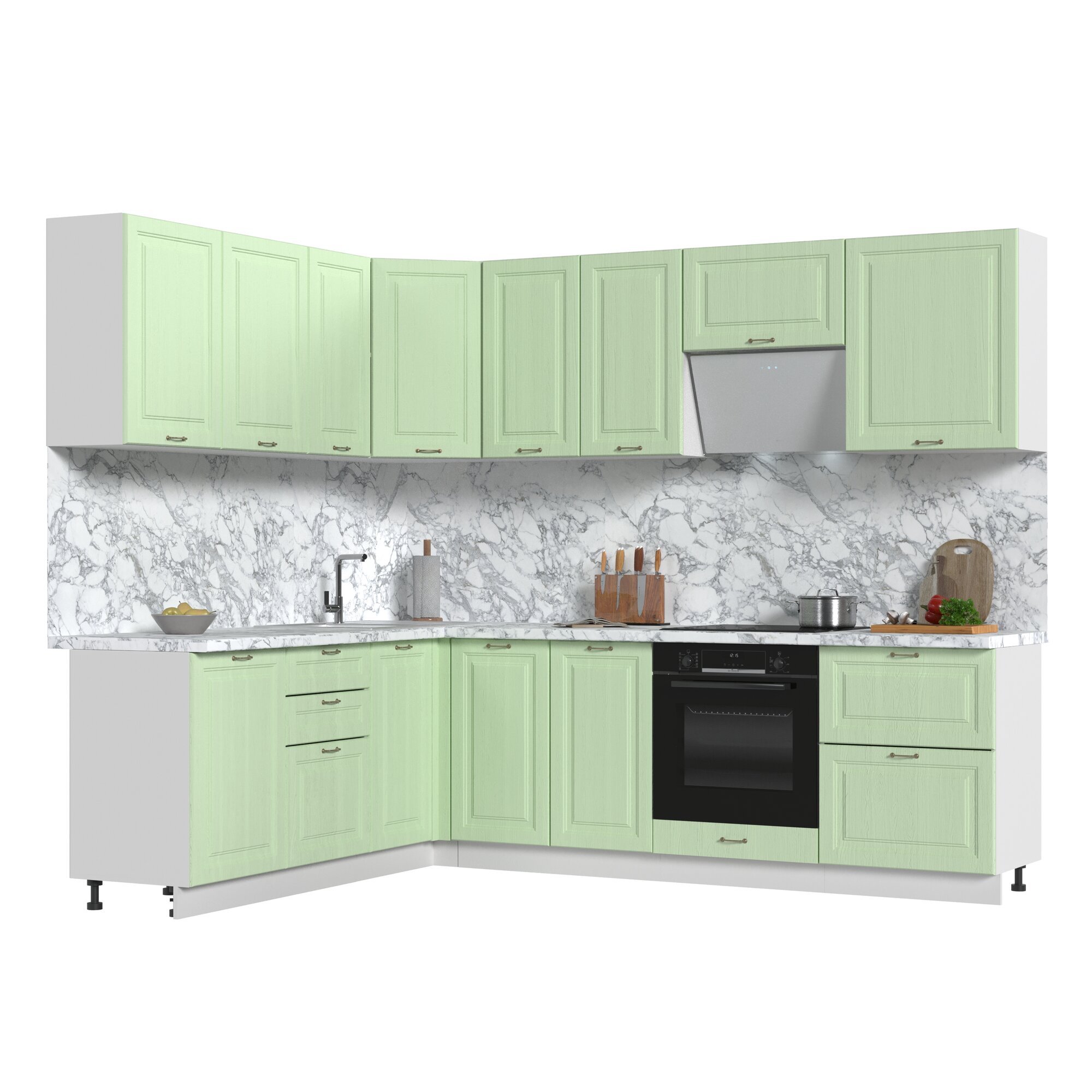 Кухонный гарнитур угловой, без столешницы, Кухня Франция, 200х260см Белый/Оливковый Дуб фактурный