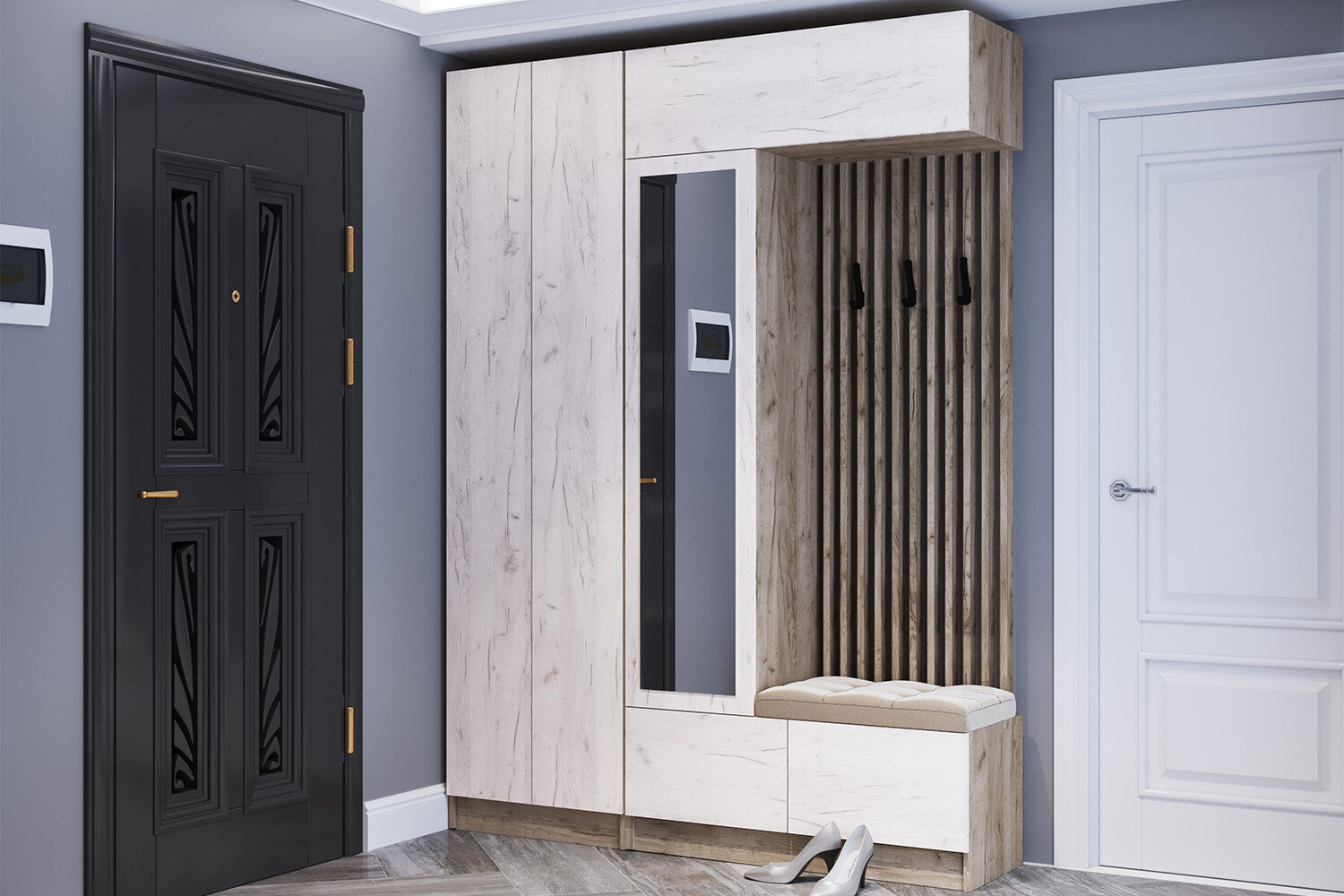 Прихожая Элегантная прихожая "Скандинавский Шарм", Дуб крафт серый и белый.