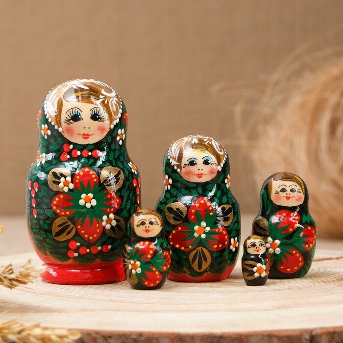 Матрешка "Хохлома", черный платок, красное платье, 5 кукол, 10 см (3371584)