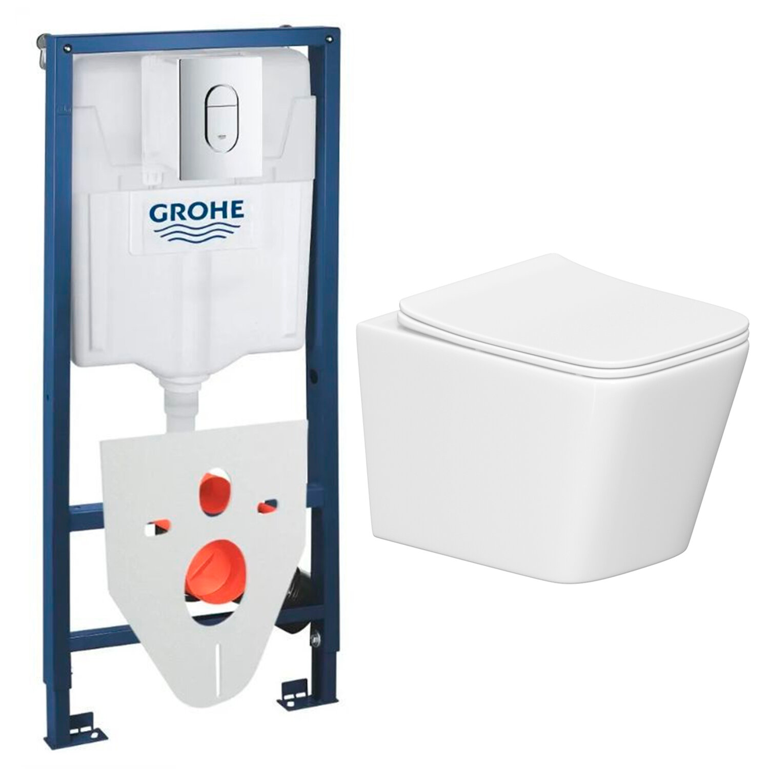 Инсталляция с унитазом комплект: унитаз подвесной Helmken 35120001, безободковый, сиденье с микролифтом из дюропласта, инсталляция Grohe, шумоизоляция, кнопка смыва