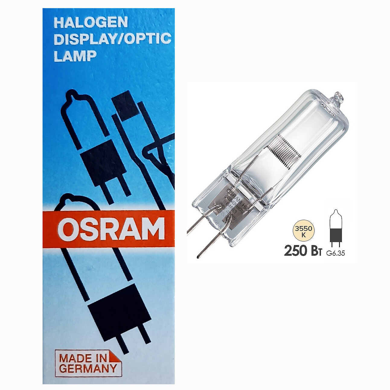 1шт/уп. Спецлампа галоген 250W 24V G6.35 арт. 64655 (HLX EHJ A1/223) d13,5x55mm 50h Osram Германия, уп. 1шт