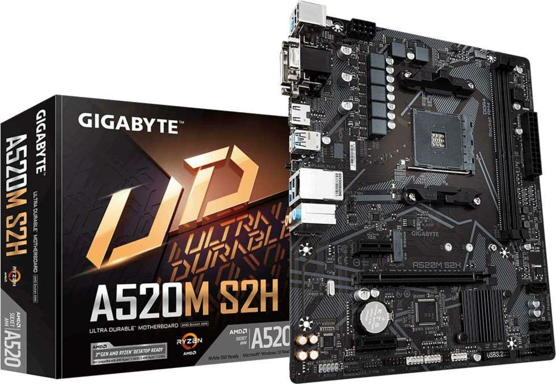 Материнская плата Gigabyte A520M S2H Soc-AM4 AMD A520 2xDDR4 mATX AC`97 8ch(7.1) GbLAN RAID+VGA+DVI+