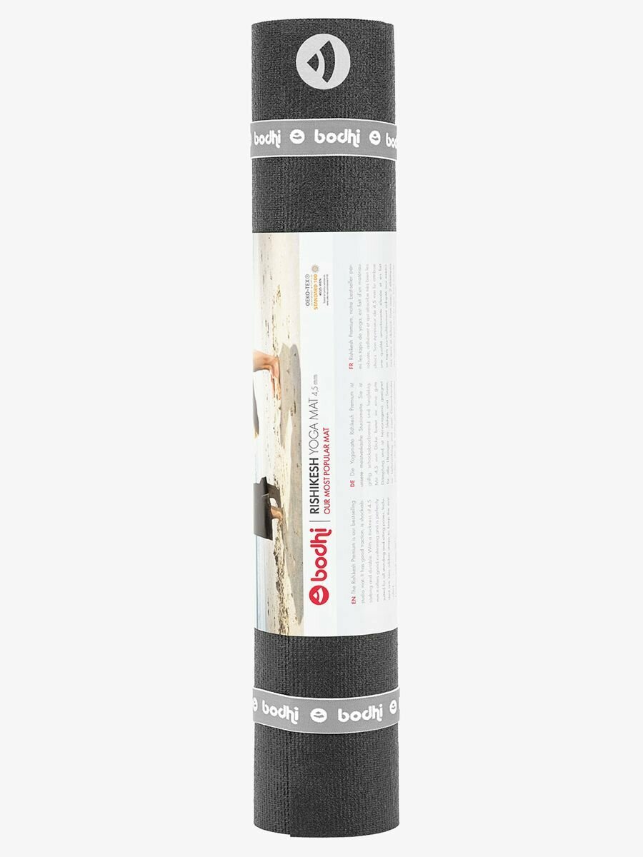 Коврик для йоги и фитнеса Ришикеш Премиум 185 х 60 х 0,45 см Rishikesh Premium, черный, прочный и нескользящий из Германии, Bodhi Бодхи