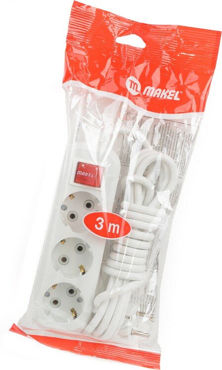 Удлинитель бытовой 3 розетки "евр" 16А с выключателем, 3 метра - MAKEL MGP 213