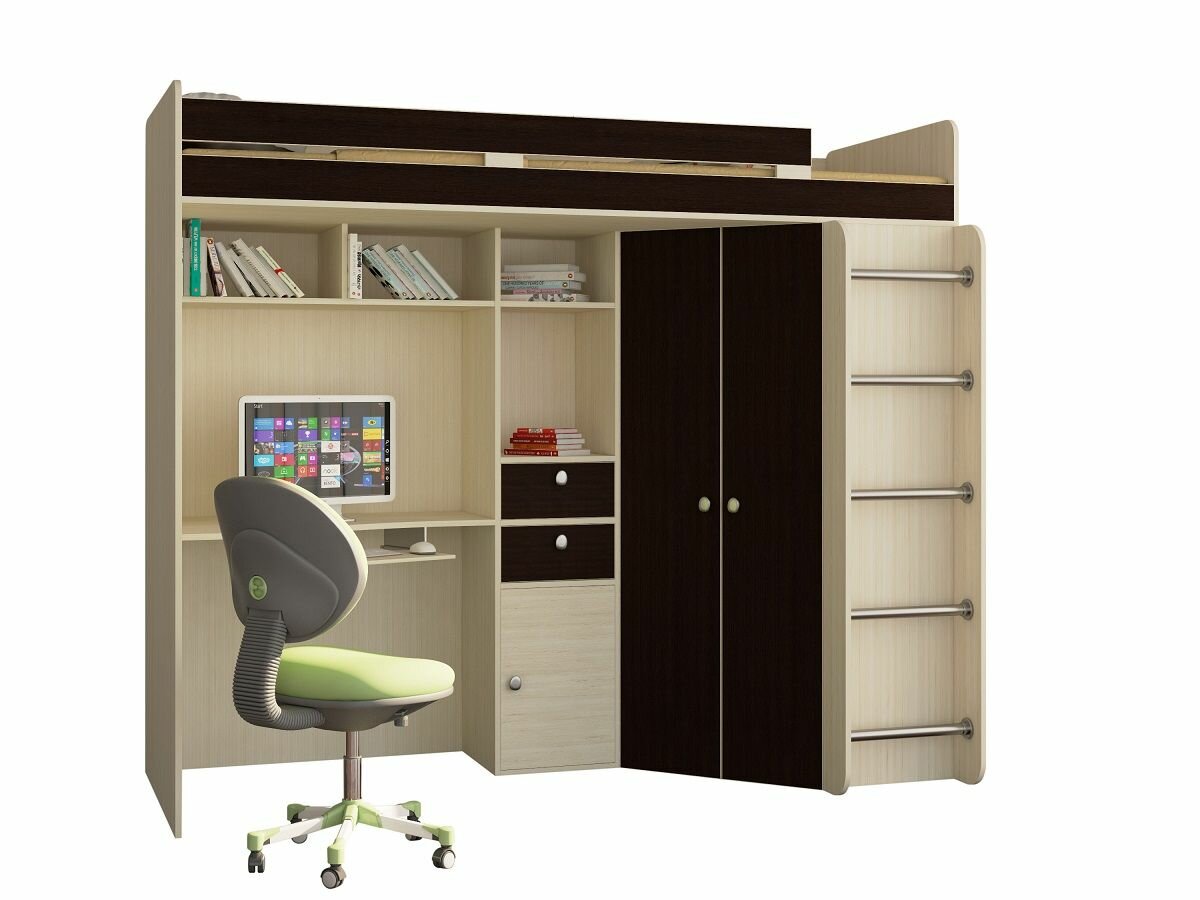 Кровать-чердак Астра, дуб молочный/венге, 202х100х190, со шкафом для одежды и столом