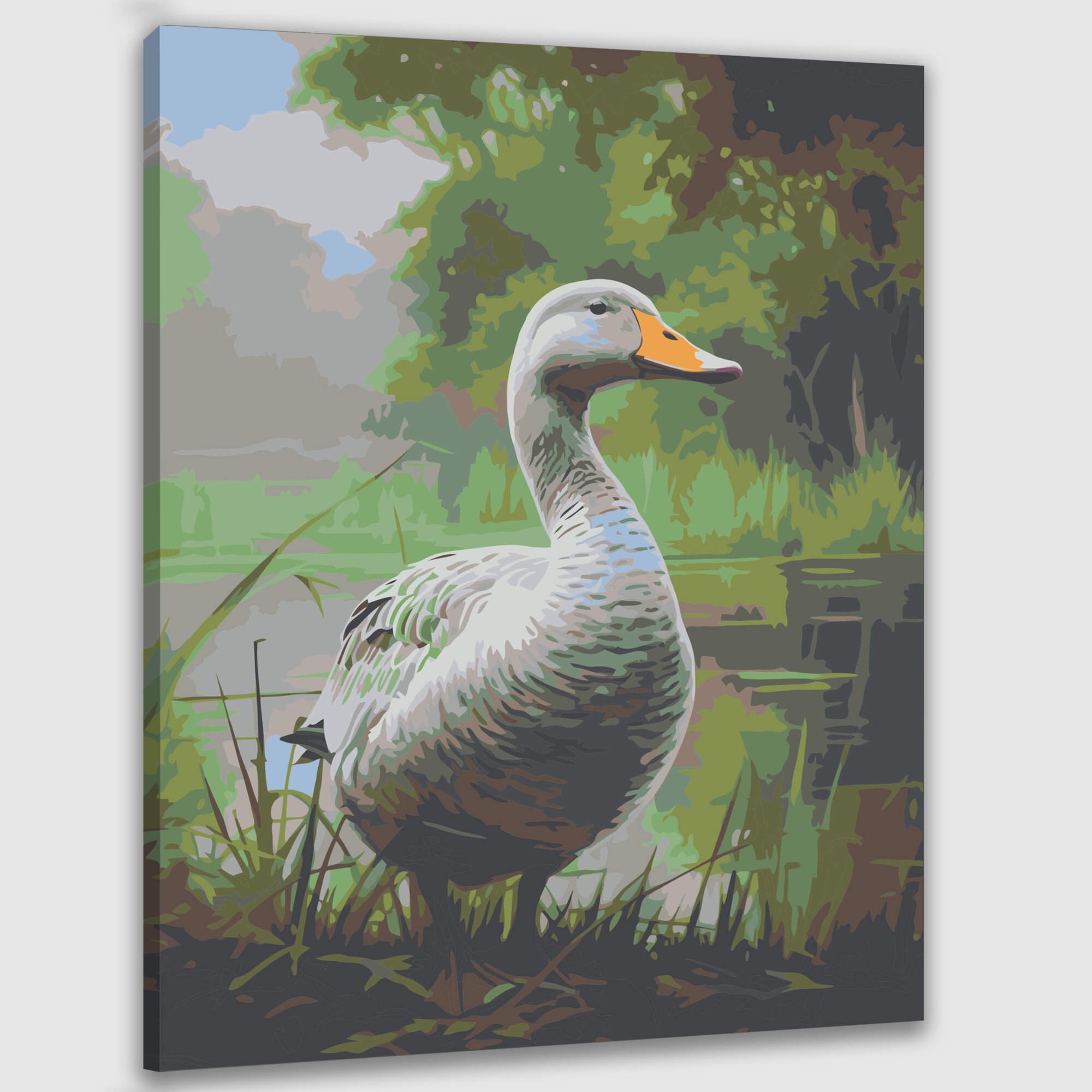 Картина по номерам 40x50 см, картина маслом, гусь, пейзаж, зеленый, землистые тона, текстурированные мазки, глубина