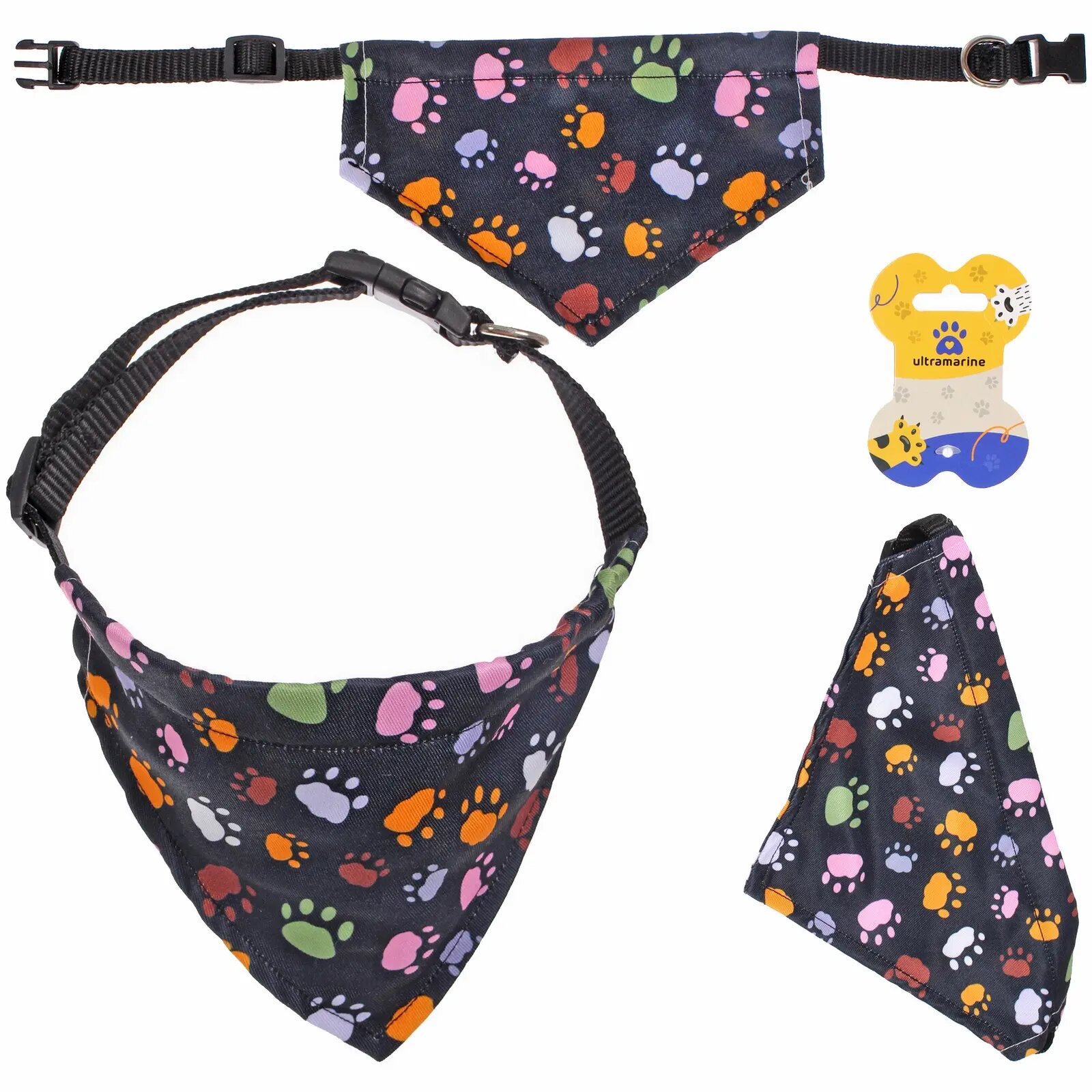 Ошейник с банданой для собак и кошек, принт лапки, рL, 24,5*16см