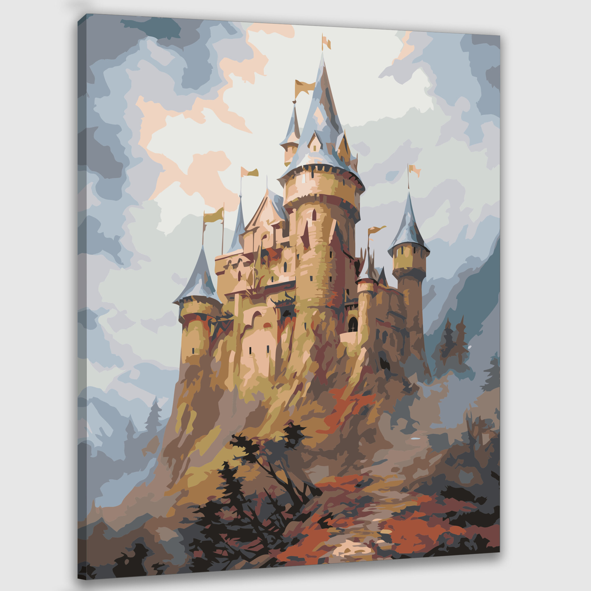 Картина по номерам 40x50 см, акварель, шедевр, средневековый замок, знамена, флаги, драматическое небо, грозовые облака