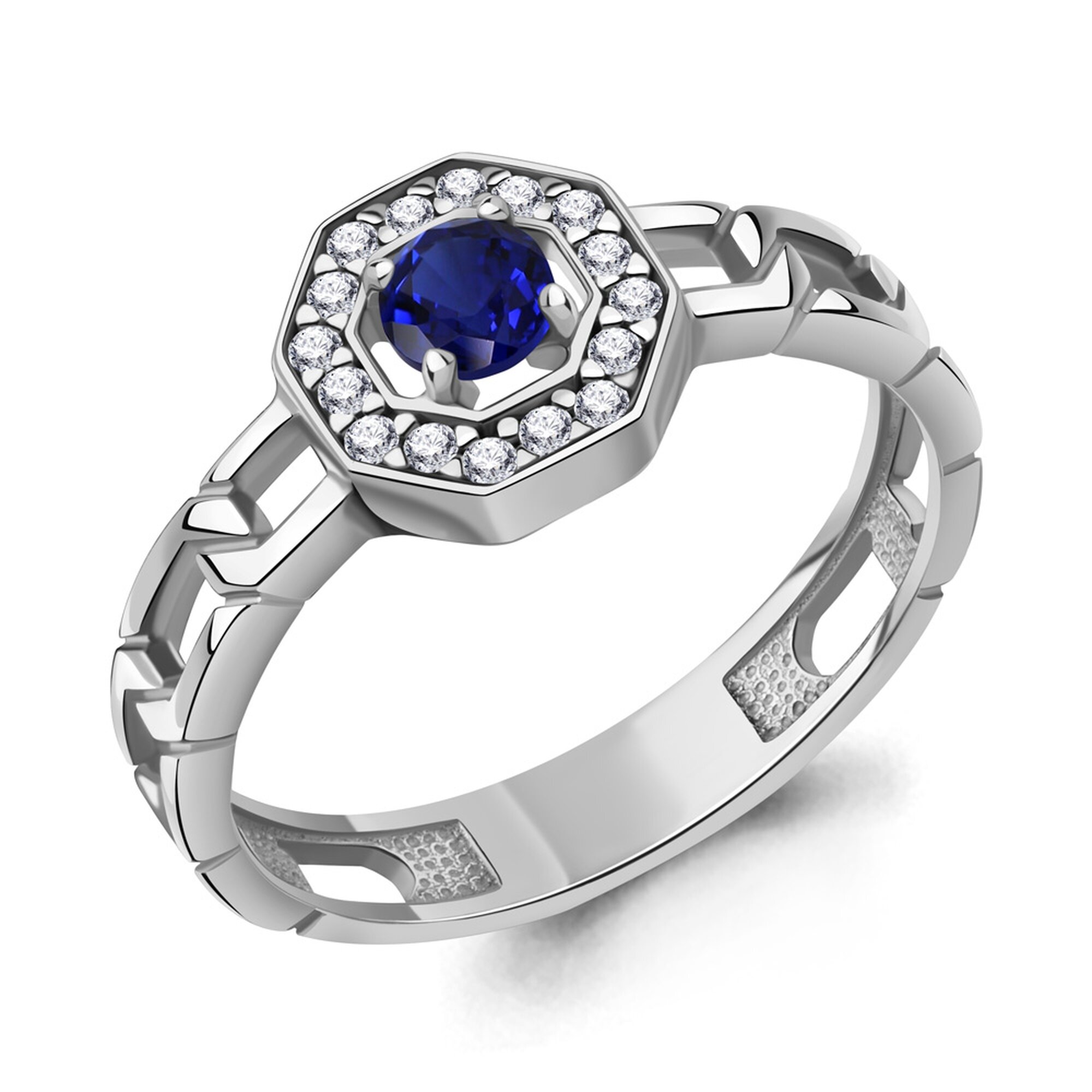 Кольцо, серебро, 925 проба, родирование, сапфир синтетический, фианит