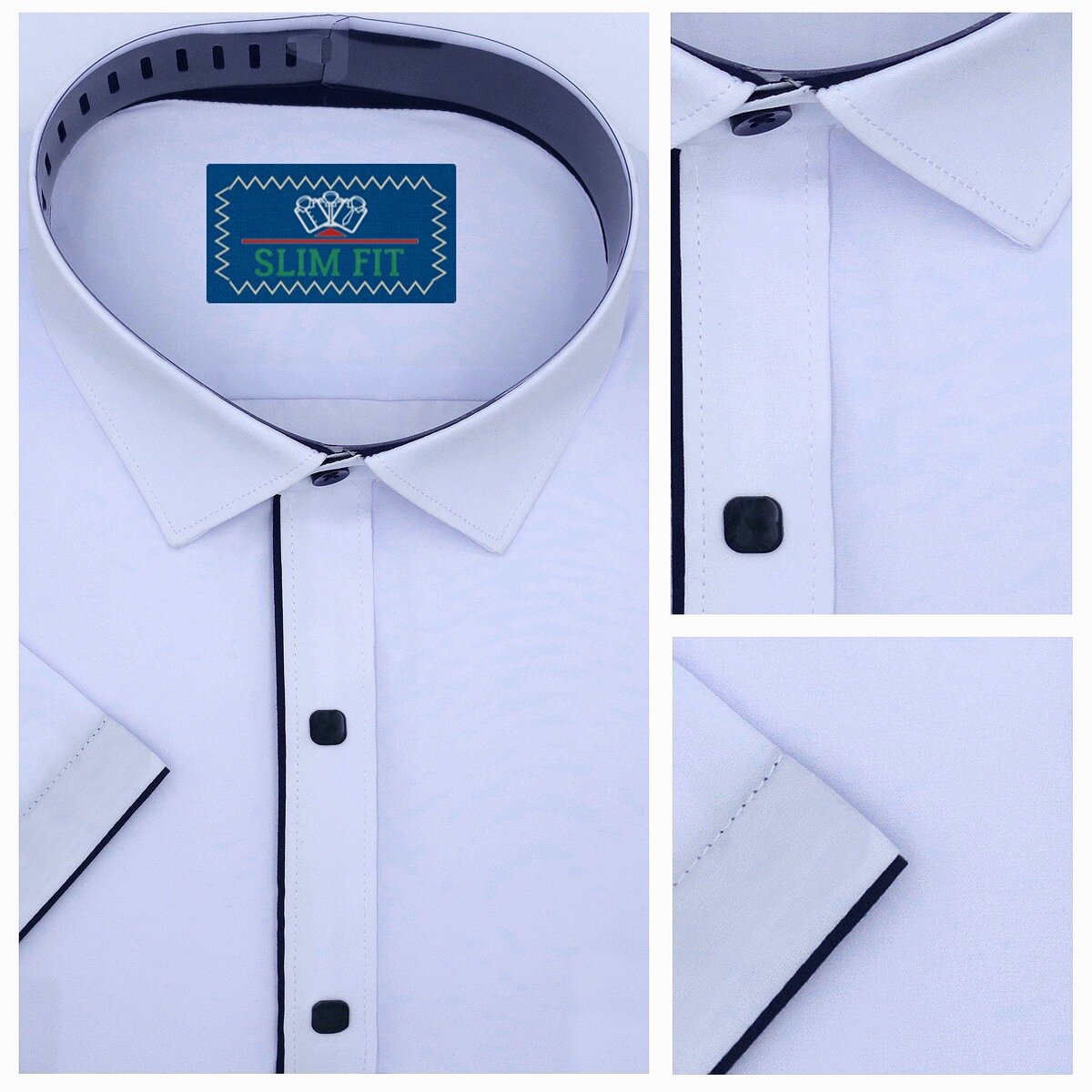 Рубашка приталенная с коротким рукавом мужская рубашка, светлая сорочка, на кнопках, рубаха на любой сезон, белая однотонная, без карманов, с отделкой рубашка Slim fit с приталенным кроем зауженная