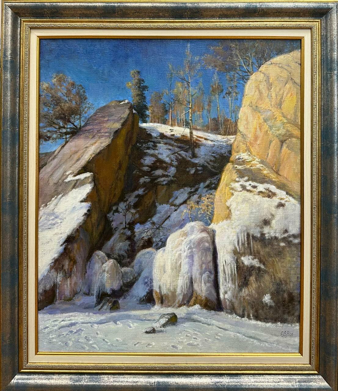 Картина маслом на холсте, лес, деревья, зимний пейзаж "Зимнее солнце"