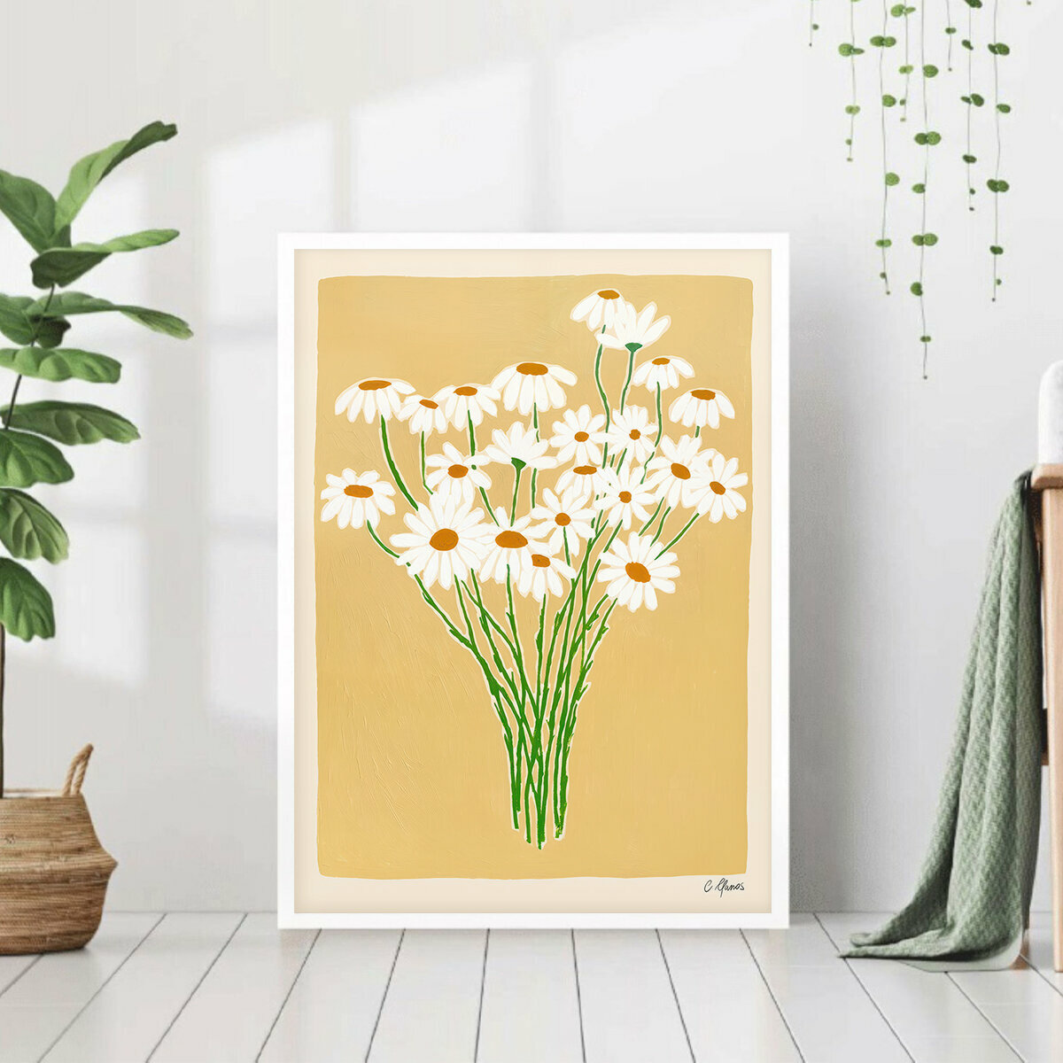 Постер "Ромашки, букет цветов рисунок" 40x50 в белой рамке на стену для интерьера