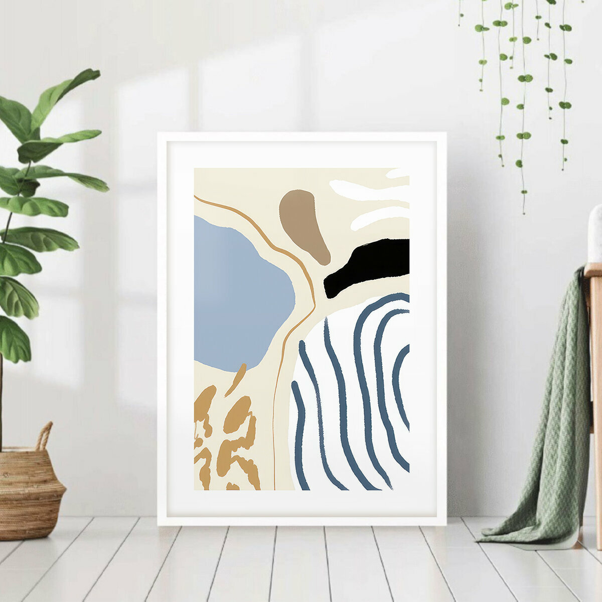 Постер "Абстракция голубой и коричневый" 50х70 в белой рамке для интерьера на стену