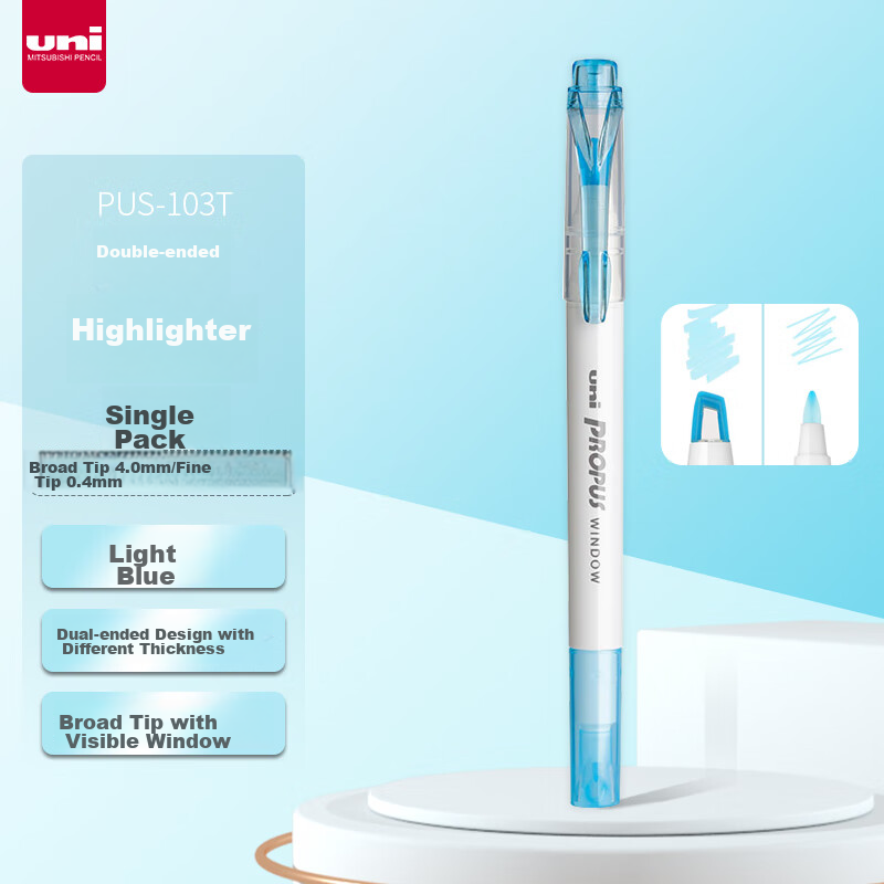 Mitsubishi (Uni) Dual-Tip Highlighter Pen, Student Homework Journal Drawing Marker Pen, Colorful Pen, Fine 0.4mm Thick 4mm, PUS-103T, 1 Pen/pack, Light Blue