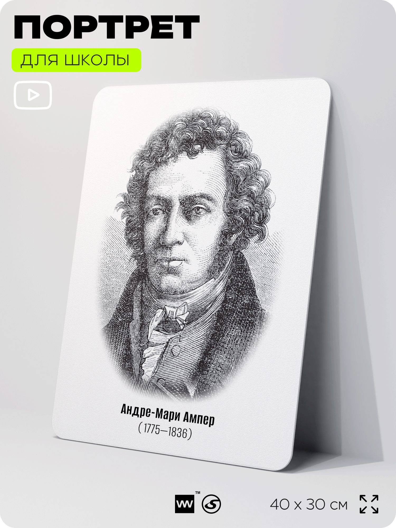 Портрет для школы в кабинет физики "Ампер Андре-Мари", стенд школьный для класса, деятели науки для оформления классного уголка, 40х30 см, Silver Plane x Айдентика Технолоджи