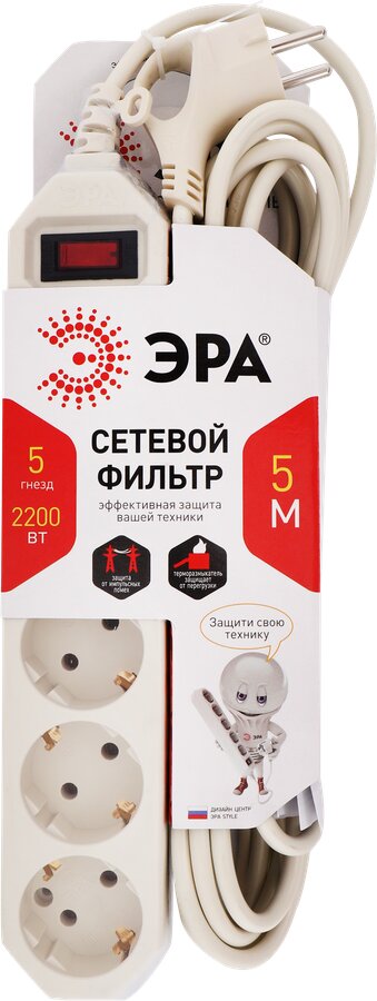 Сетевой фильтр ЭРА 5 розеток с заземлением с выключателем, 5м