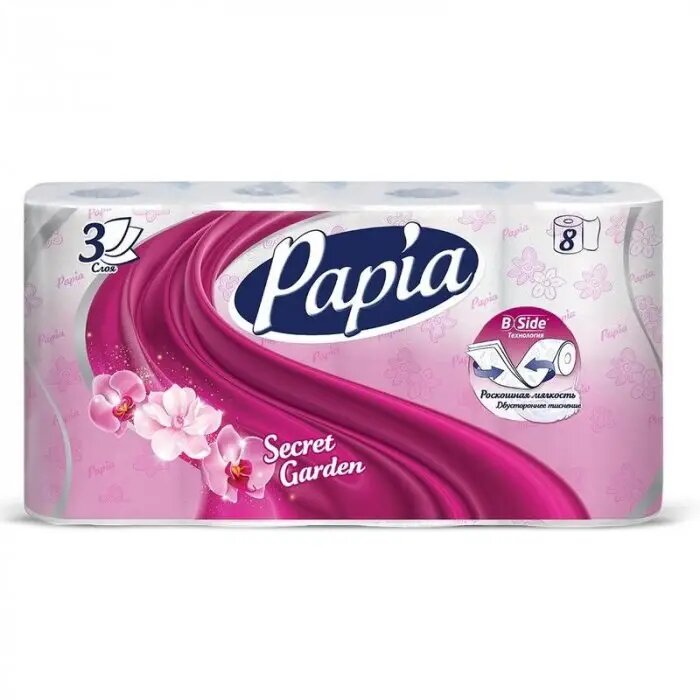 Papia Туалетная бумага белая Таинственный сад трёхслойная 8 шт