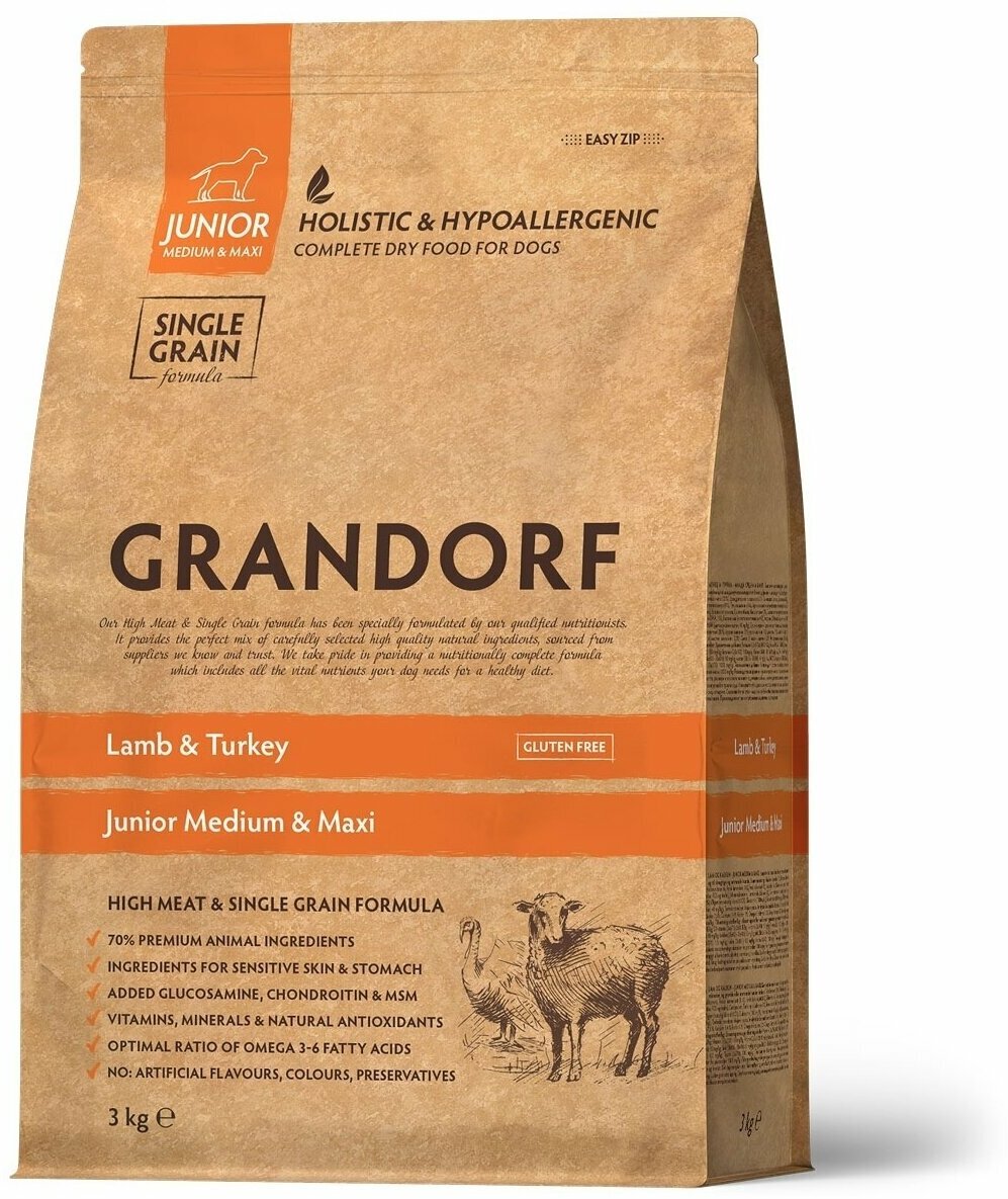 Сухой корм Grandorf Medium & Maxi Junior для юниоров всех пород с ягненком и индейкой - 3 кг