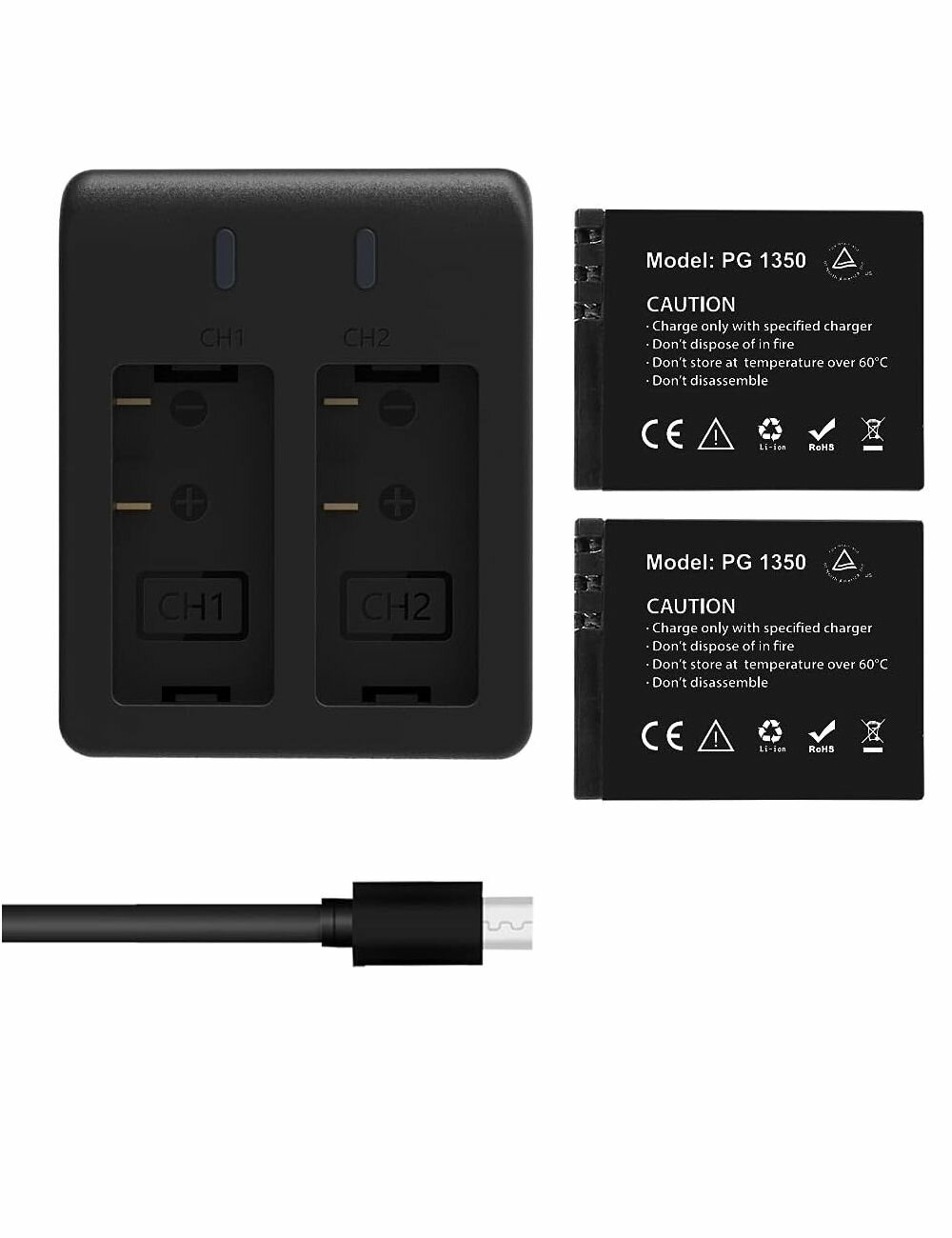 Аккумуляторные батареи для экшн-камеры AKASO Brave 7, 2x1350 мАч с двойным зарядным устройством USB