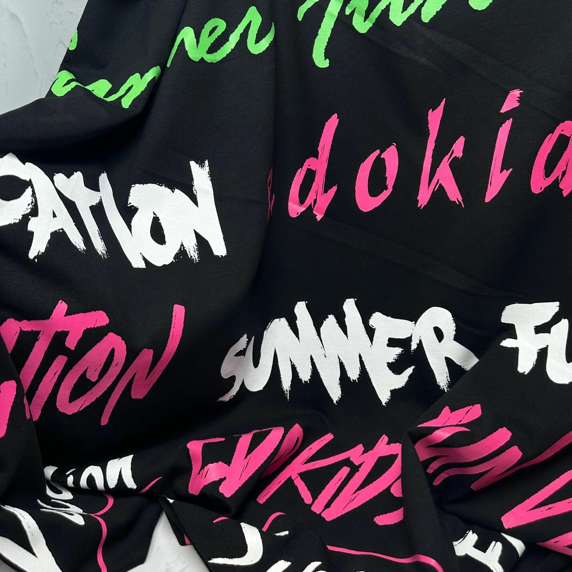 Ткань для рукоделия трикотаж кулирка принт, хлопок 100%/черный, цена за один отрез длиной 100см