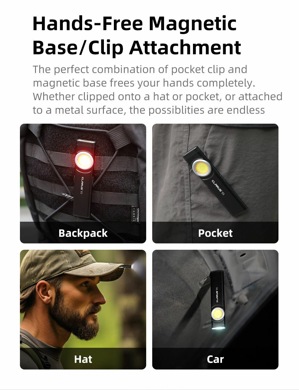 Ywy. горячиеФонарик Klarus e5 Cob, магнитный двойной свет, 470 люмен