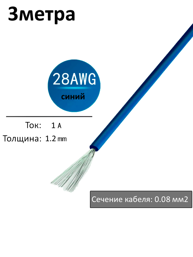 Провод электрический 28AWG, 0.08 кв. мм синий многожильный 3м.