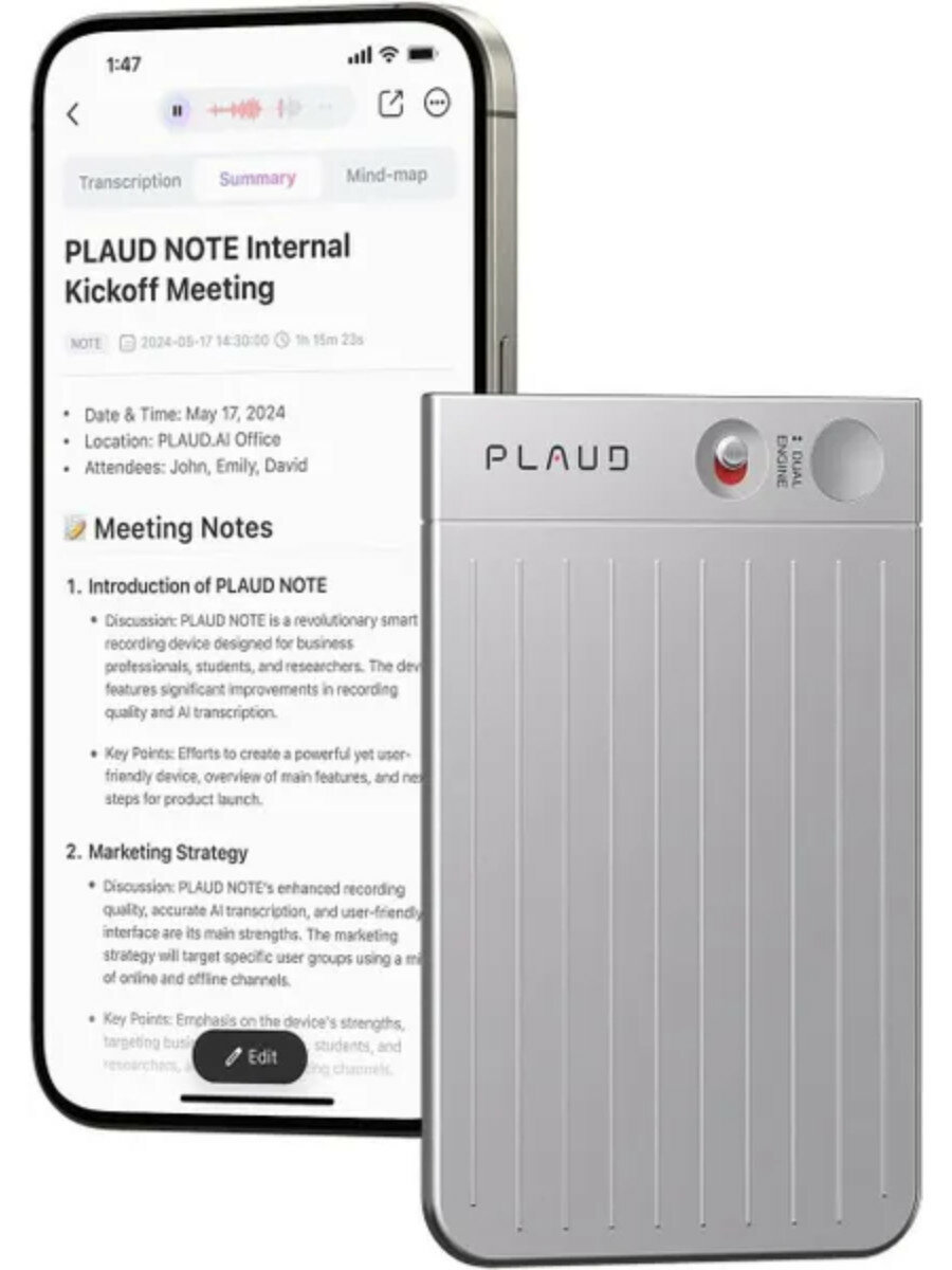 AI-диктофон Plaud Note с искусственным интеллектом ChatGPT, 64 ГБ, Серебристый