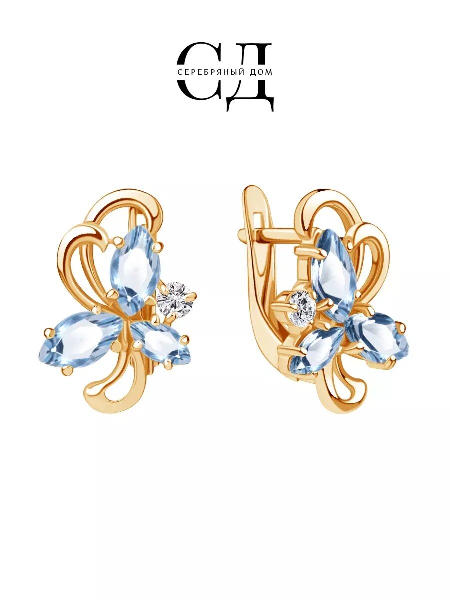 Серьги, серебро, 925, 585 проба, золочение, топаз, фианит