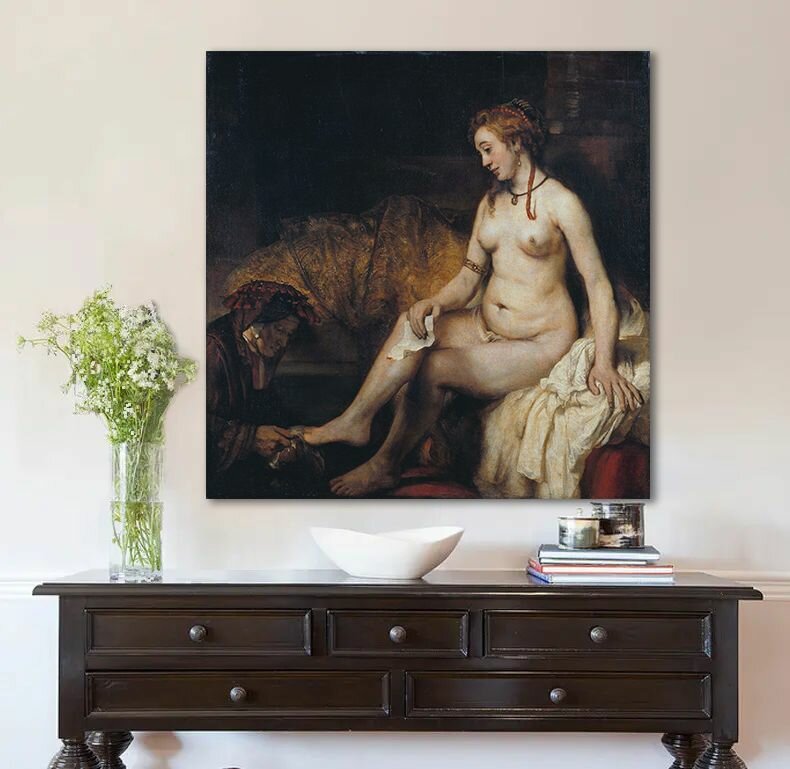 Рембрандт "Вирсавия в своей ванне", Картина репродукция, 70х70 см.