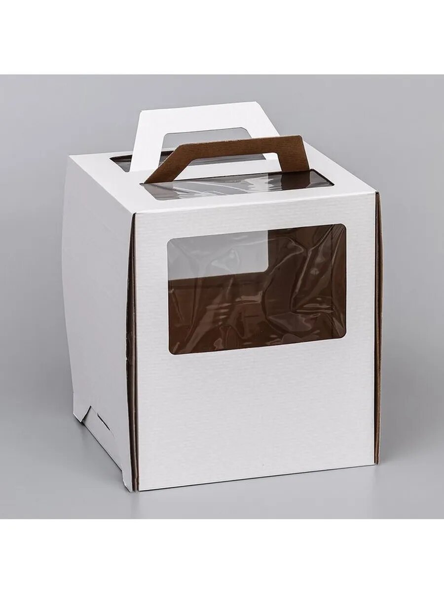 Коробка под торт 2 окна, с ручками, белая, 26 х 26 х 30 см
