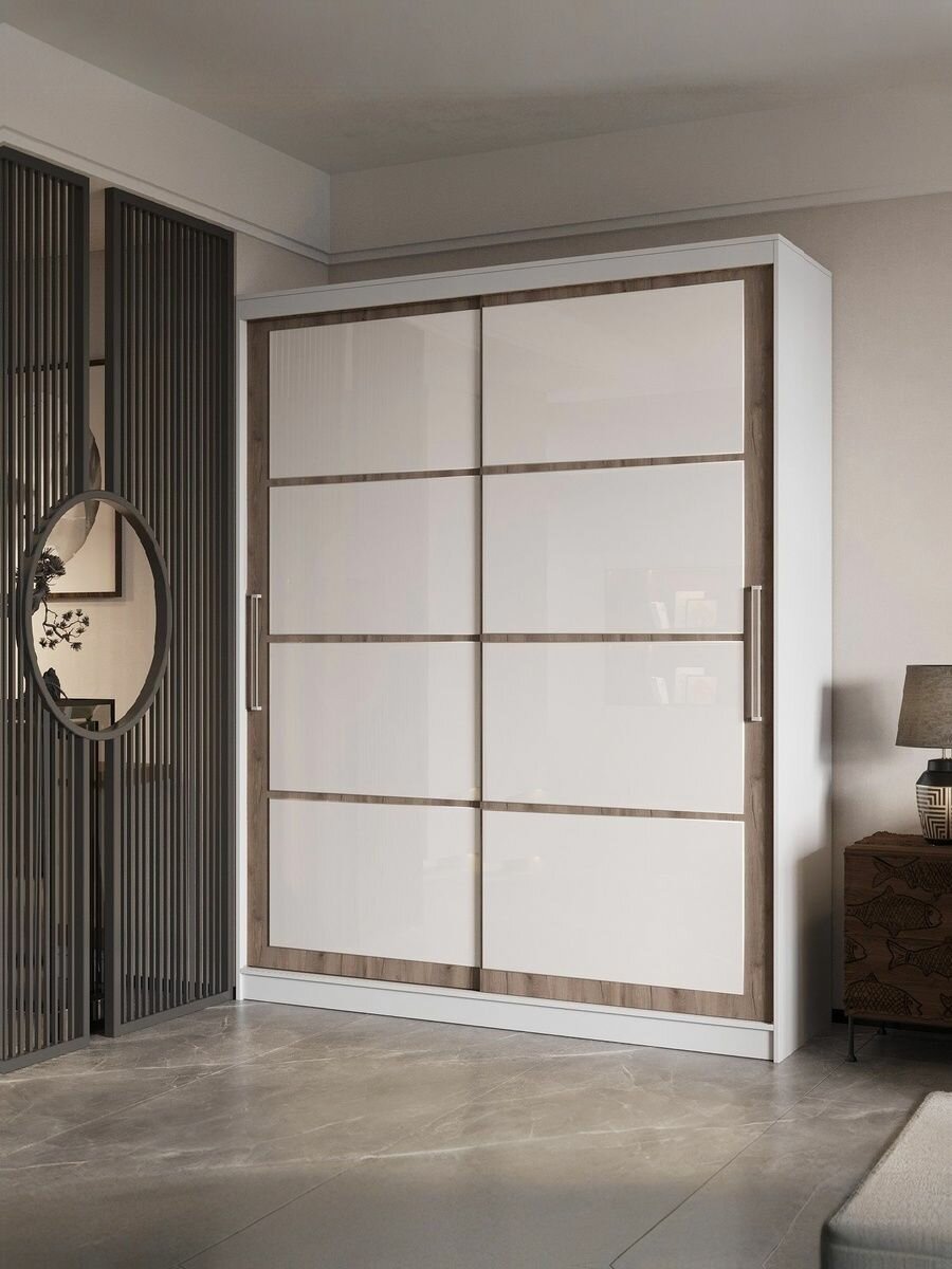 Шкаф-купе Мебельный рай ШКП 3 Гранд 1 1602х2200х615, Белый гладкий/Дуб Горный/Лакобель