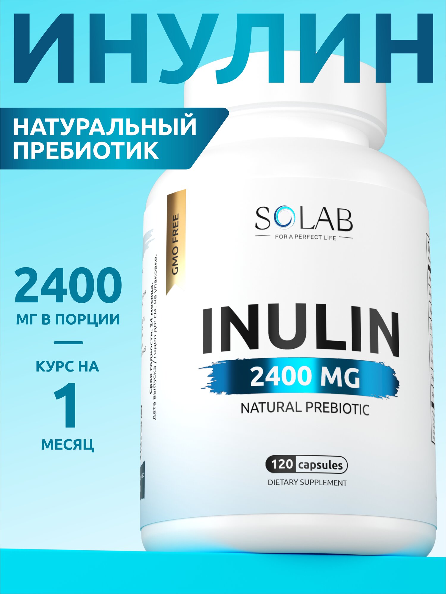 Инулин 2400 мг, 120 капс, Пребиотик для взрослых, витамины для микрофлоры, пищеварения и очищения кишечника