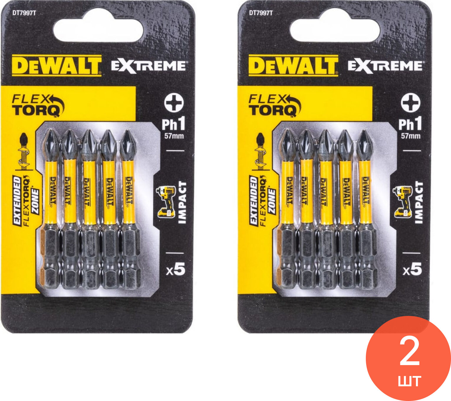 Бита для шуруповерта DeWalt / ДеВолт Impact Torsion ударная, стальная, наконечник PH1, длина 57мм, 5шт. / инструменты (комплект из 2 шт)