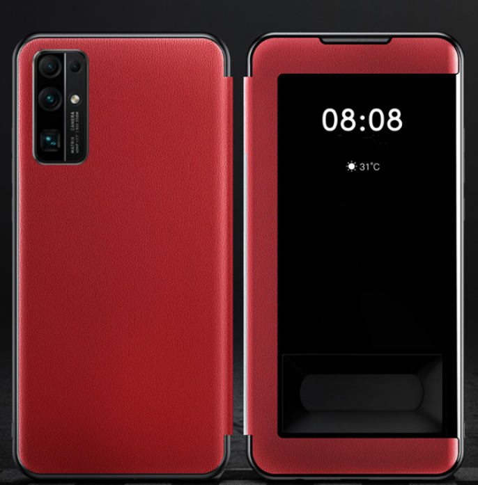 Чехол-книжка MyPads для Huawei Honor 30 Lite с окном предпросмотра вызова, позволяет отвечать на звонки и сообщения, не открывая крышку, красный