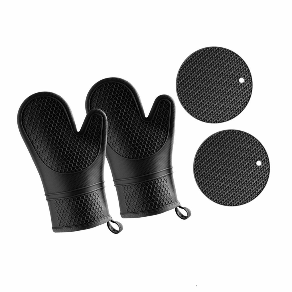 Термостойкие силиконовые перчатки для духовки с длинными манжетами, защита рук для выпечки, - Черный с круглыми гранями