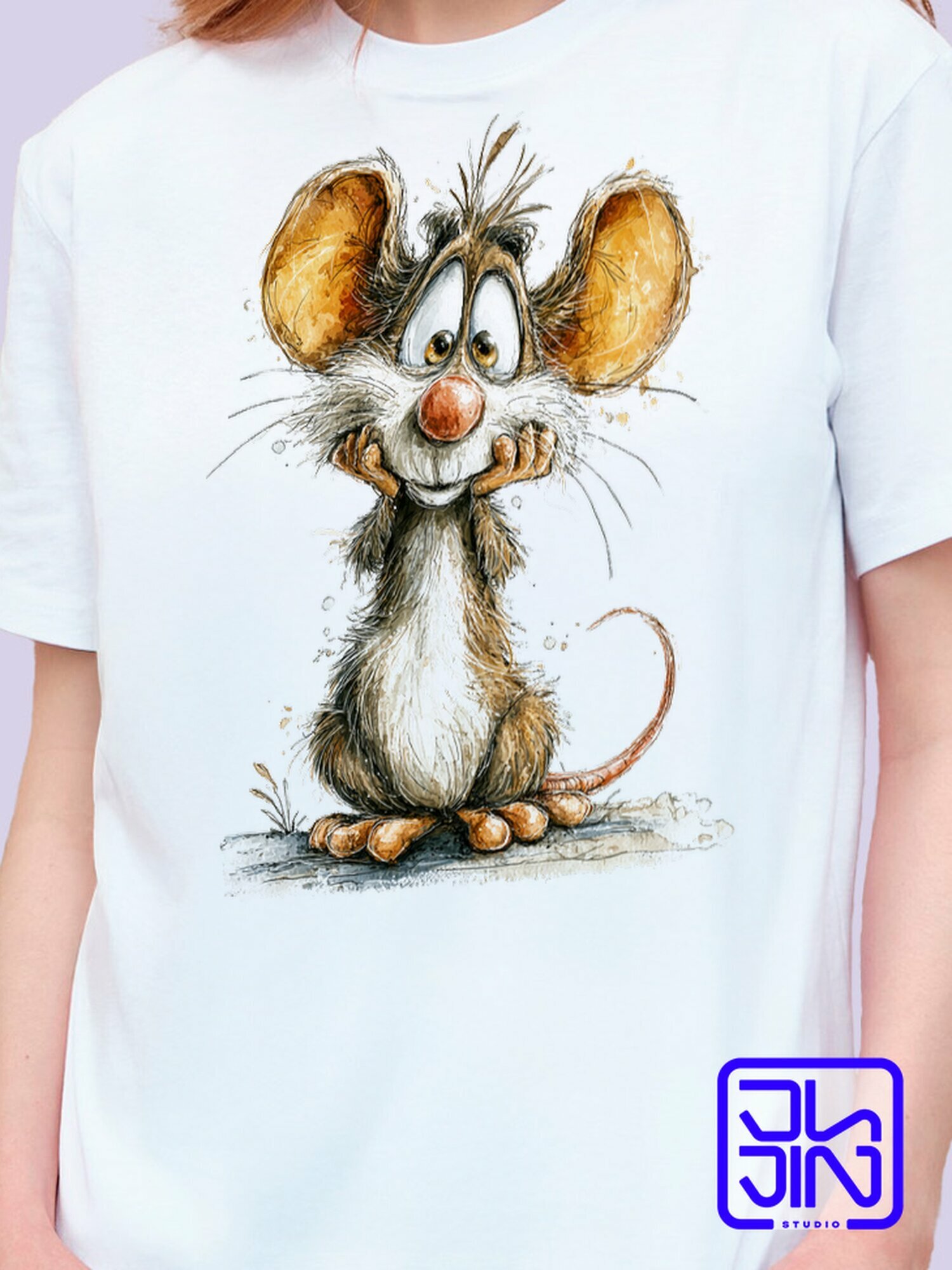 Футболка классическая женская с авторским принтом Смешная коричневая мышь, веселая шоколадная иллюстрация с животными, белый хлопковый трикотаж с прикольным рисунком на груди