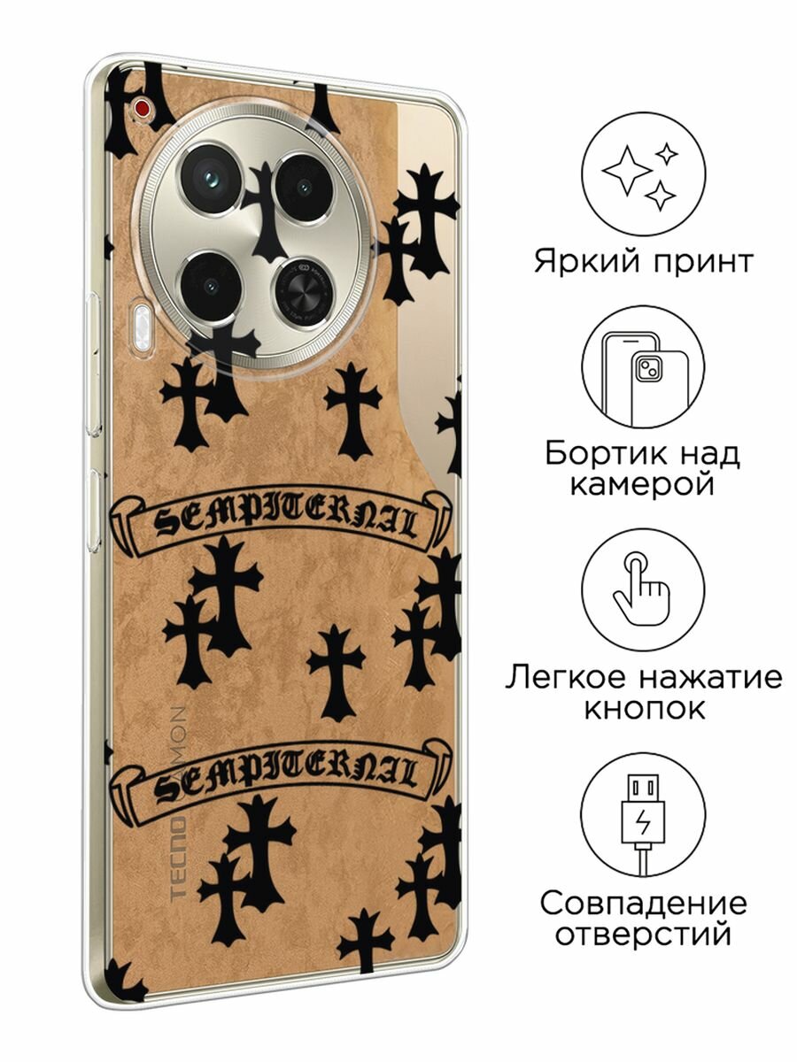 Чехол на Tecno Camon 30 4G / Текно Камон 30 4G с принтом "Кресты паттерн чёрный", прозрачный — фото 1
