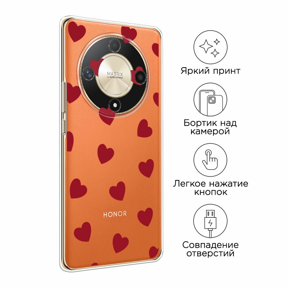 Чехол на Honor X9b / Хонор X9B с принтом "Бордовые сердечки паттерн - 14 февраля", прозрачный — фото 1