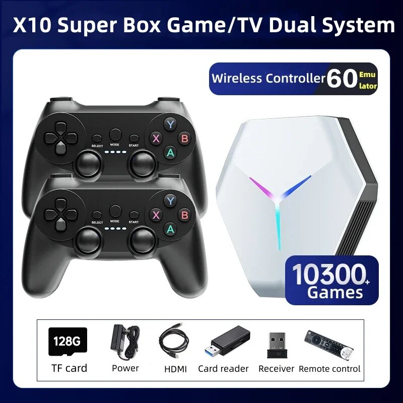 X10 Super Box Игры/ТВ Двойная система Android TV Box Amlogic S905X4 5G WIFI Поддержка 4K 8K Ультрабольшие игры и 60 эмуляторов Gamebox, EU-128GB Controller
