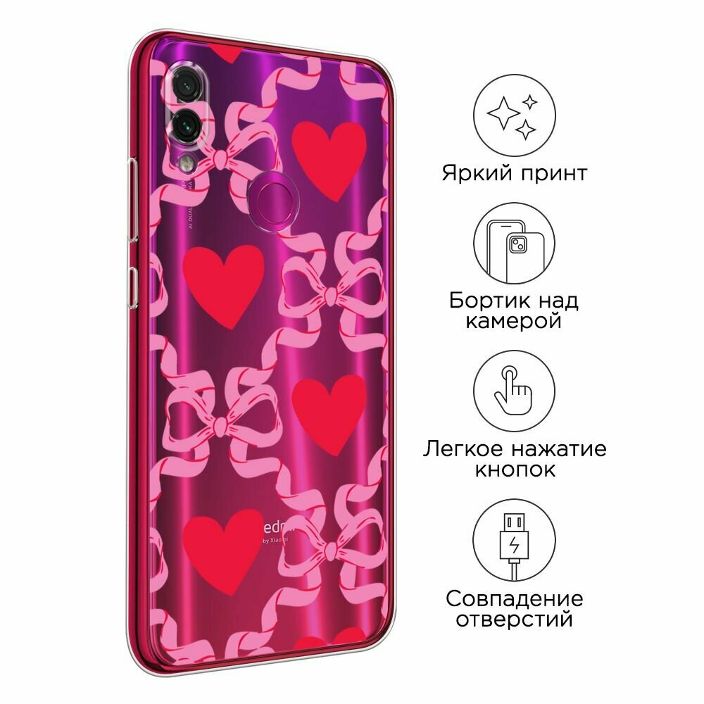 Чехол на Xiaomi Redmi Note 7 / Сяоми Редми Нот 7 с принтом "Hearts and ribbons 2 - 14 февраля", прозрачный — фото 1