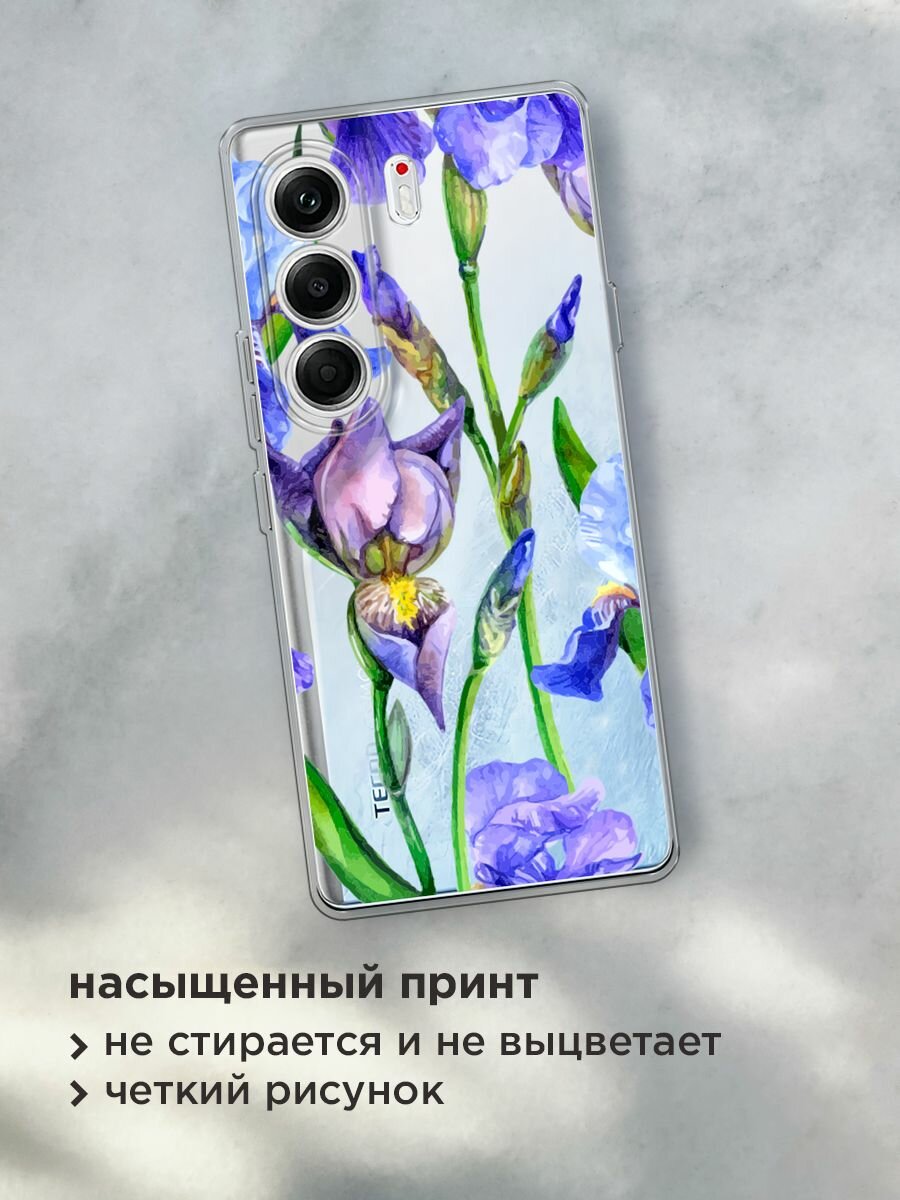 Чехол на Tecno Camon 40 Pro 5G / Текно Камон 40 Про 5G с принтом "Синие ирисы", прозрачный — фото 1