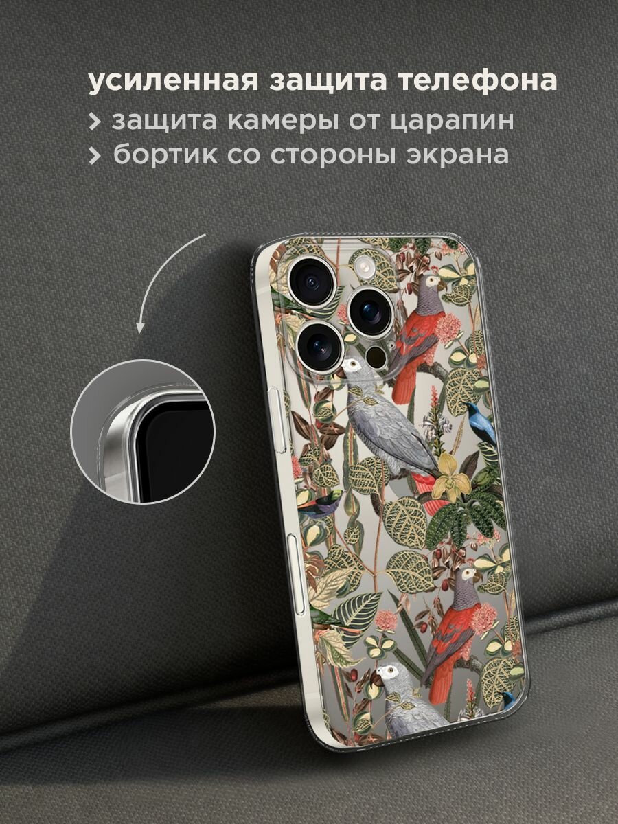 Чехол на Apple iPhone 16 Pro / Айфон 16 Про с принтом "Tropical pattern", прозрачный — фото 1