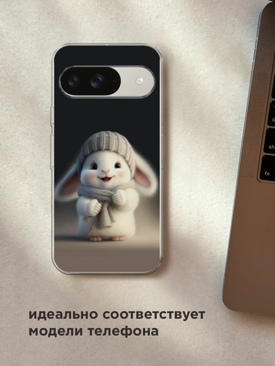 Чехол на Google Pixel 9 / Гугл Пиксель 9 с принтом "Белый крольчонок в шапке" — фото 1