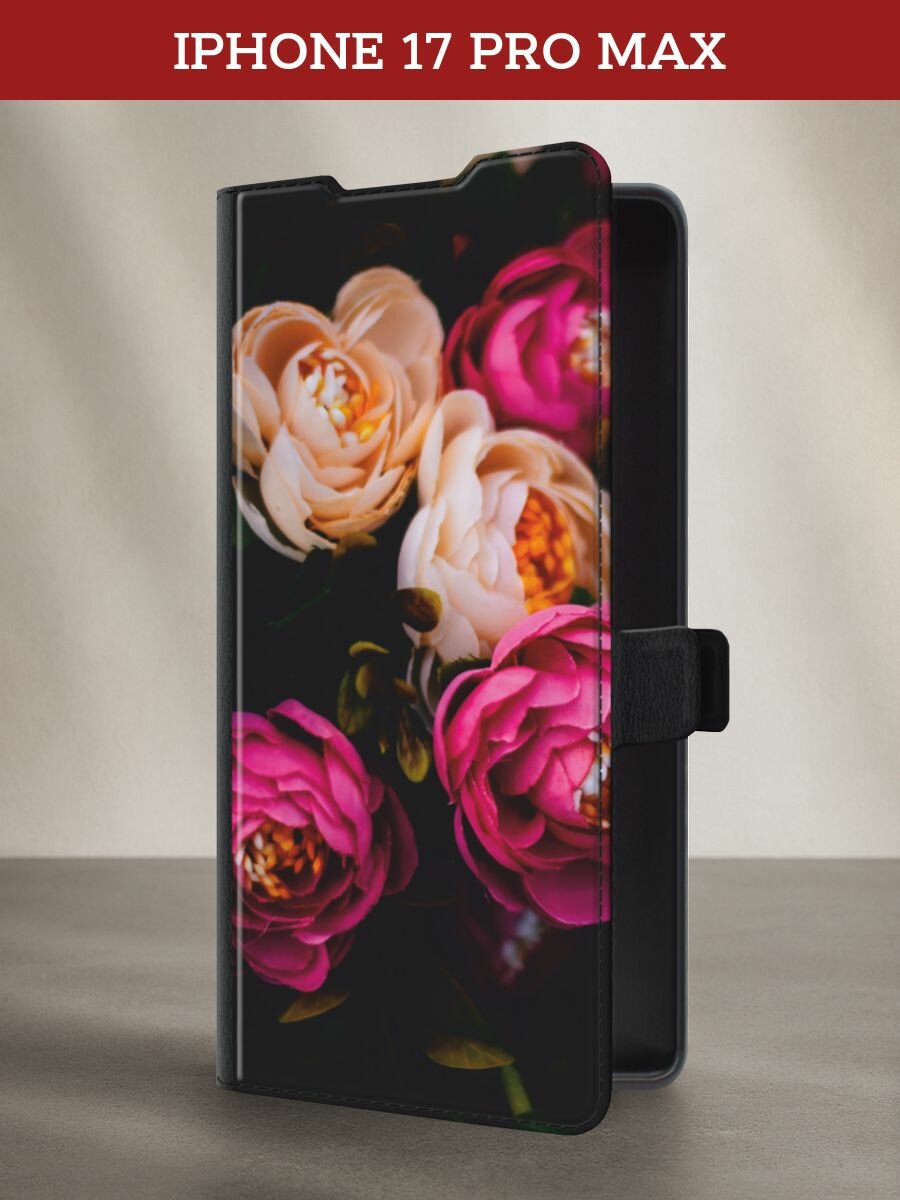 Чехол-книжка на Apple iPhone 17 Pro Max / Айфон 17 Про Макс с рисунком "Розовые пионы на черном"