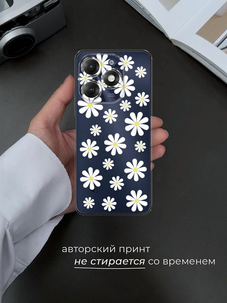 Чехол на Itel A70 / Ител А70 с принтом "Большие ромашки", прозрачный — фото 1