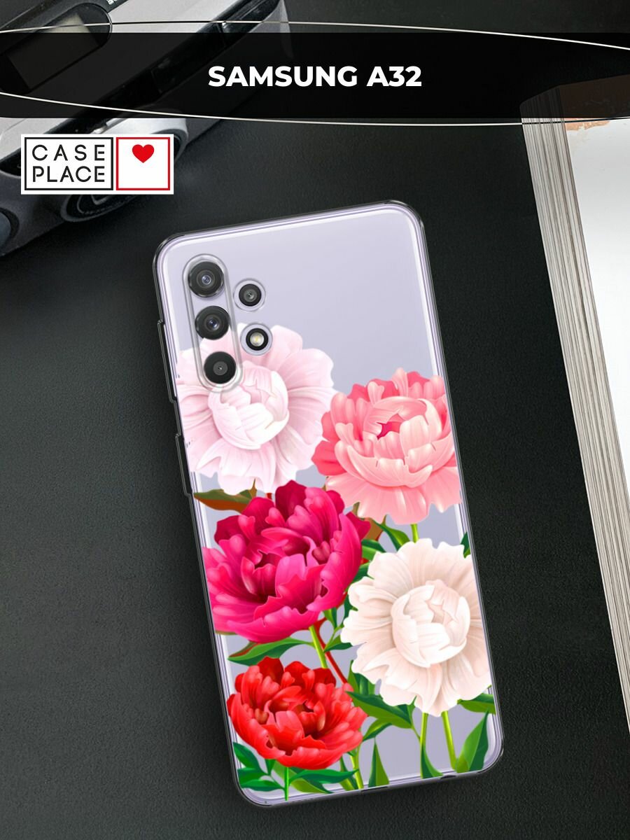 Чехол на Samsung Galaxy A32 / Самсунг Галакси А32 с принтом "Большие пионы", прозрачный